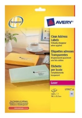 Avery® Crystal Clear Address Labels, L7551-25, 1625/Pack, 38.1 x 21.2 mm
